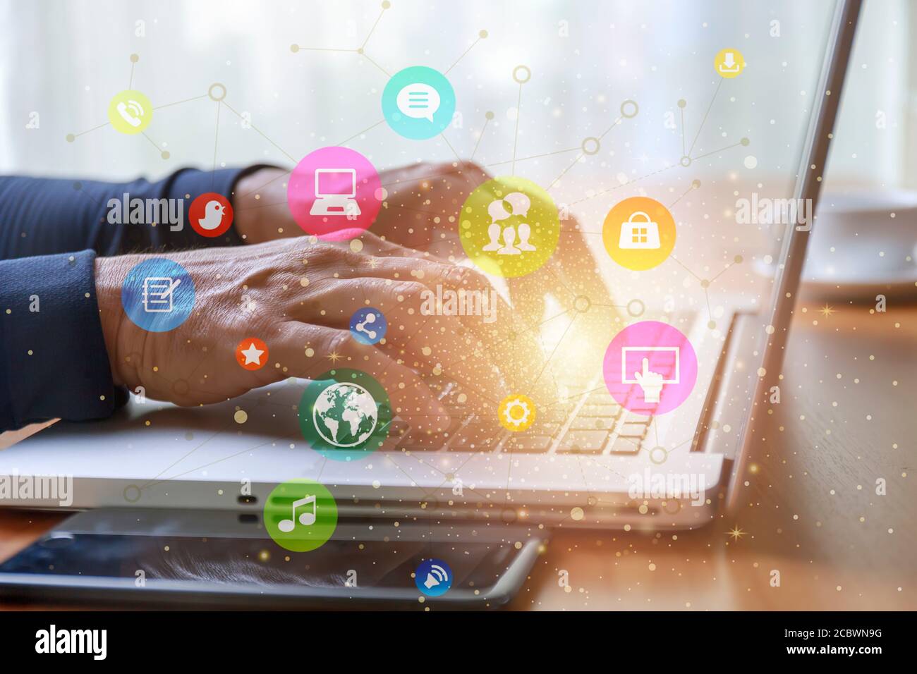 Lifestyle and technology concept Close up man hands with laptop and ...
