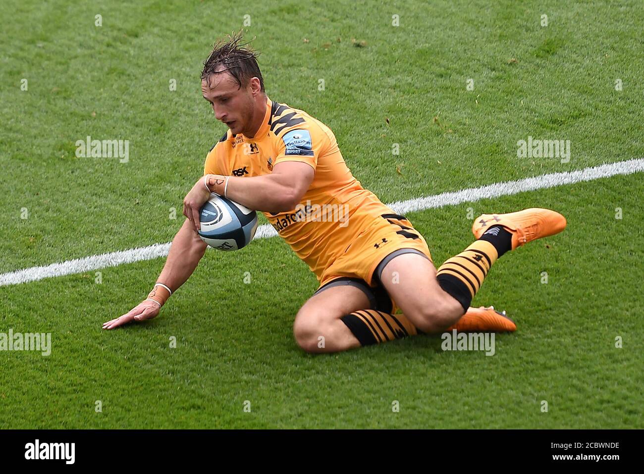 Wasps' Josh Bassett scores his side's first try of the game during the ...