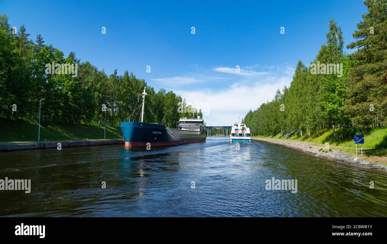 General cargo ship approaching Mälkiä lock in Saimaa Canal Stock Photo ...