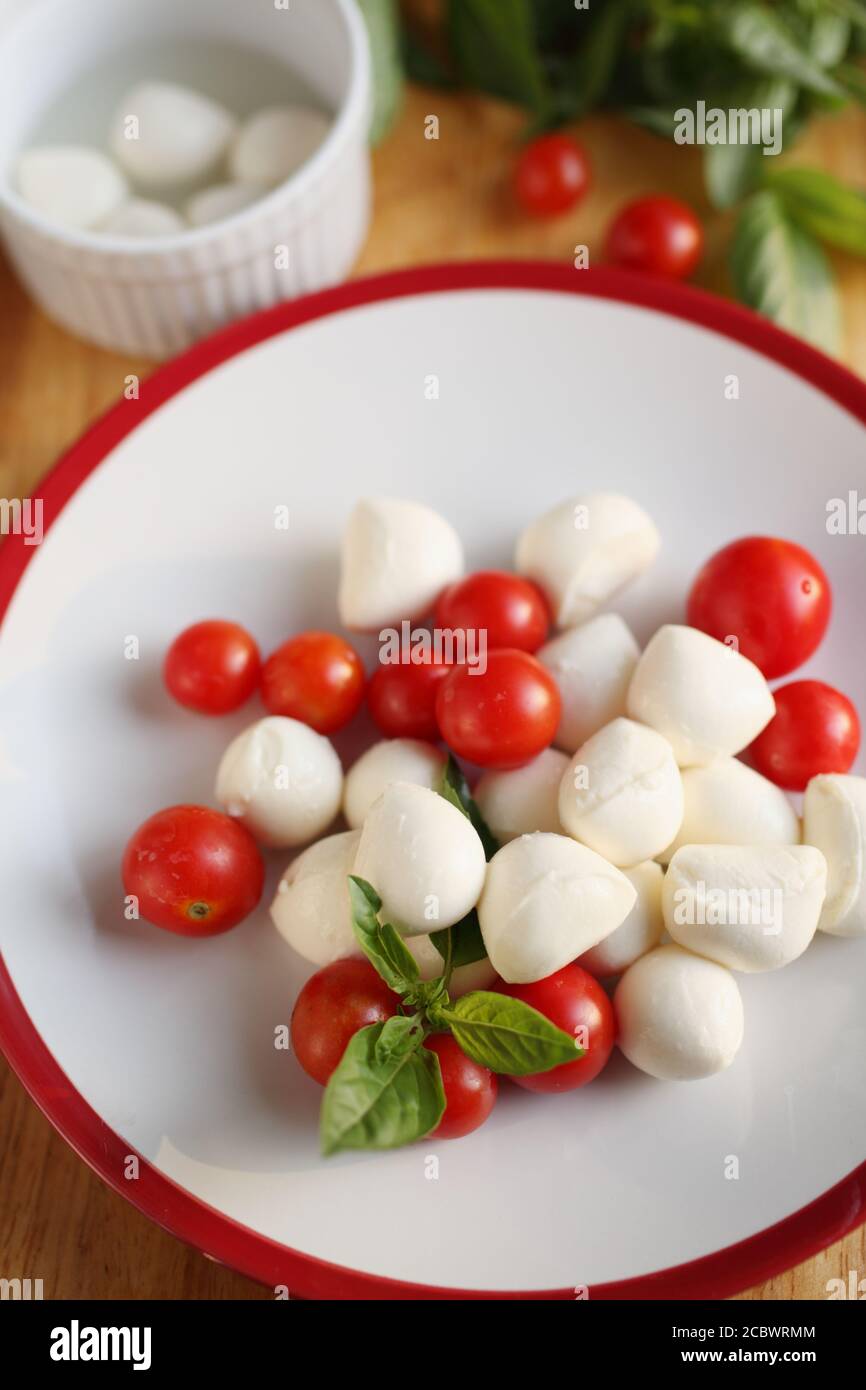 Mini mozzarella balls with cherry tomato and basil, ingredients for ...