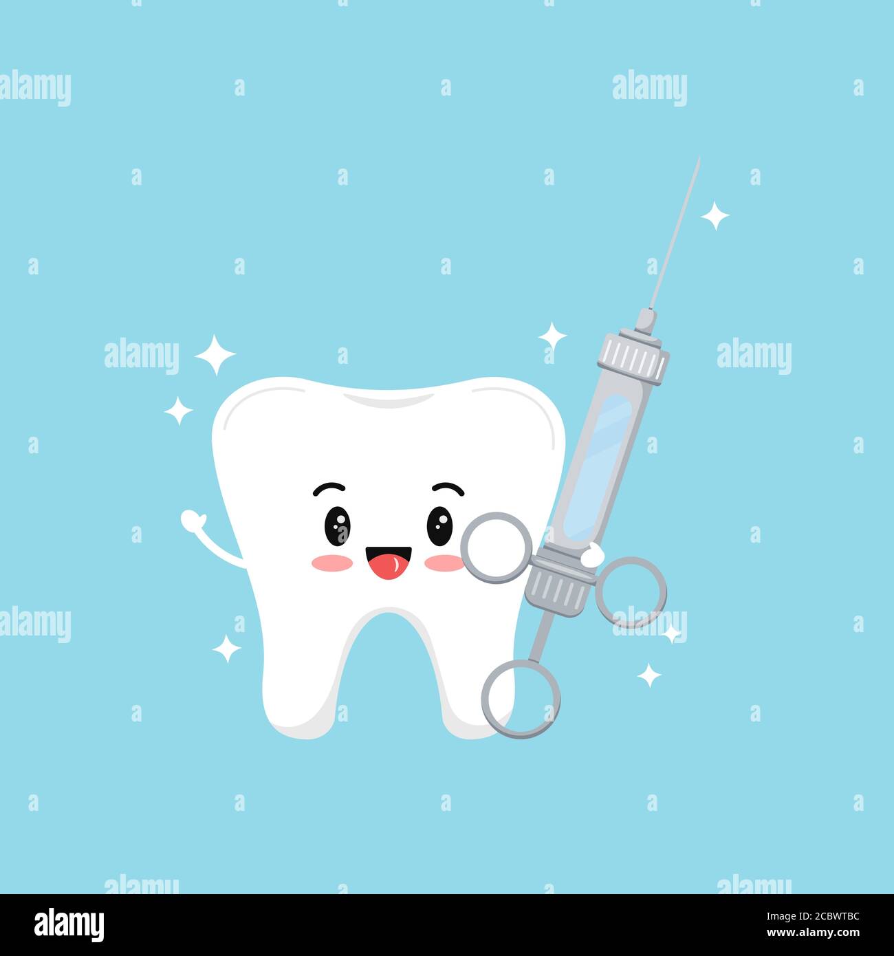 Cute happy tooth with dental syringe tool icon isolated on blue ...