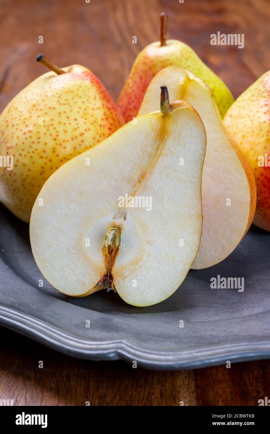 Fresh ripe red yellow forelle pears fruit from Germany close up Stock ...
