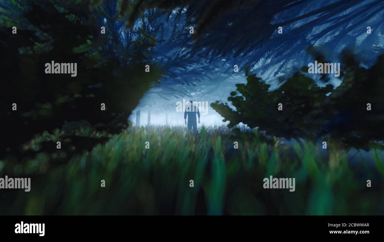 Man walking on a path in a strange dark forest with fog. 3d rendering ...