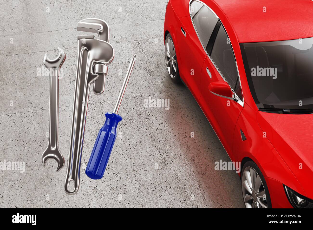 Red car and tools. Mechanic or repair concept. 3d rendering Stock Photo ...