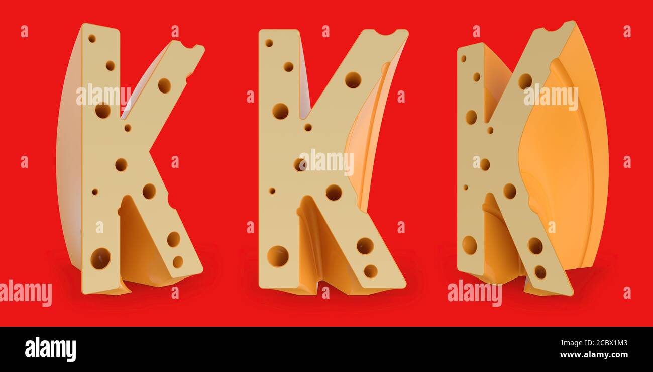 Capital letter K. Uppercase. Cheese alphabet and font. Set of three ...