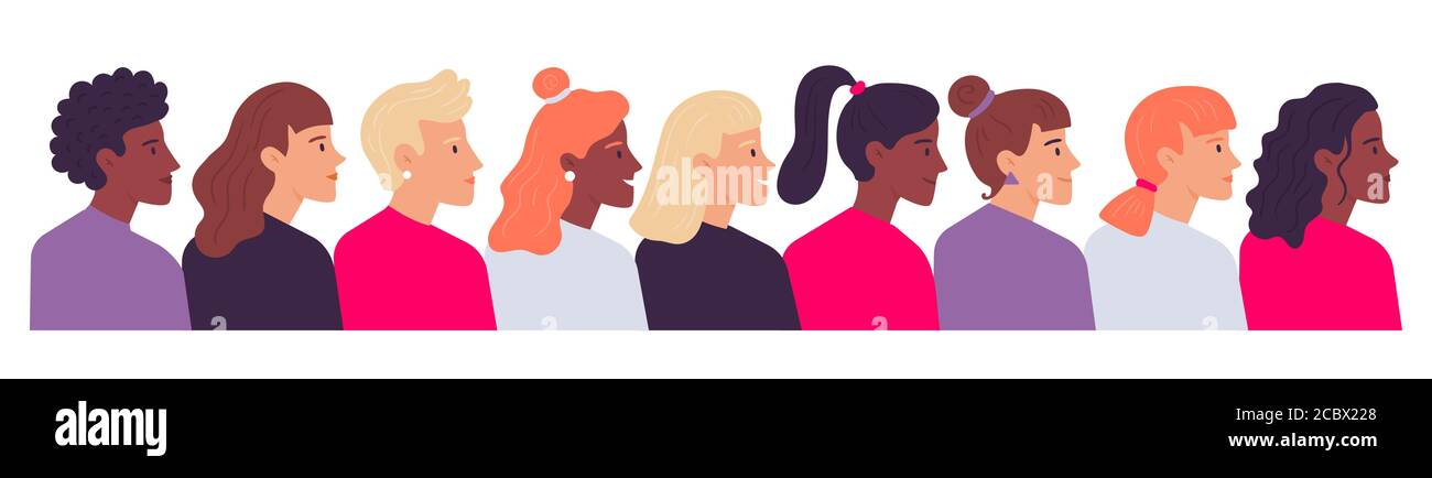 Profile women portraits. Diverse female heads side view. Cartoon ...