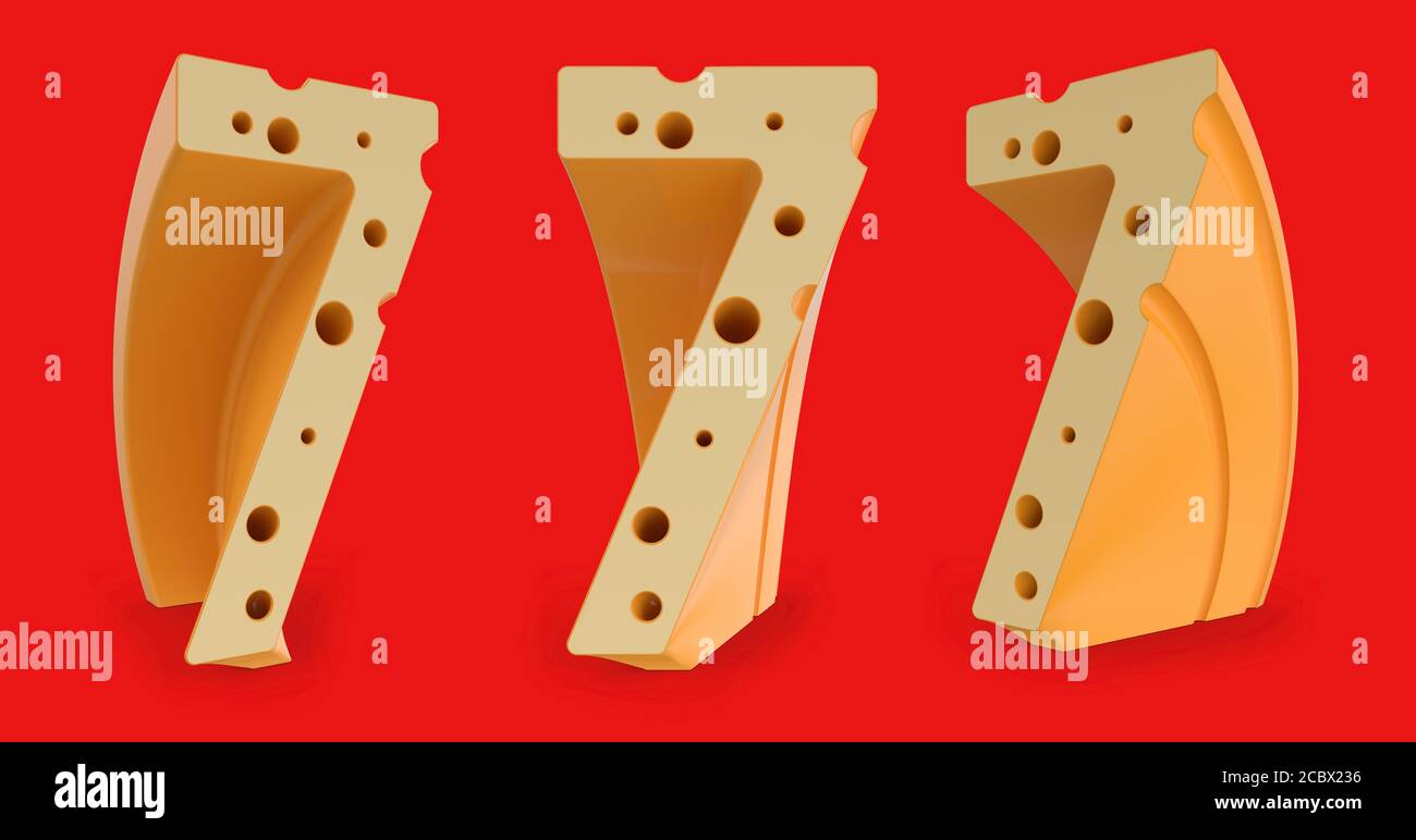 Number 7. Digital sign. Cheese alphabet and font. Set of three view ...