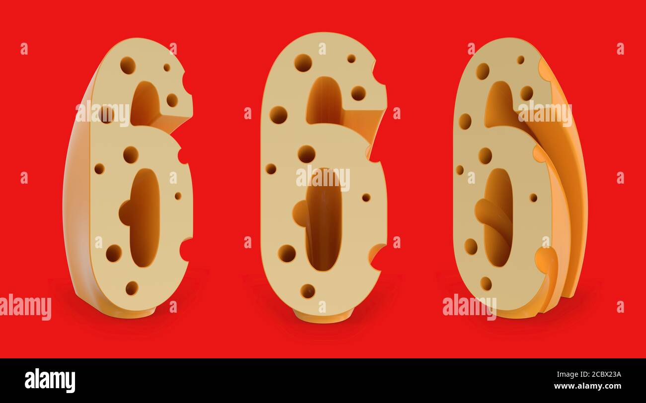 Number 6. Digital sign. Cheese alphabet and font. Set of three view ...