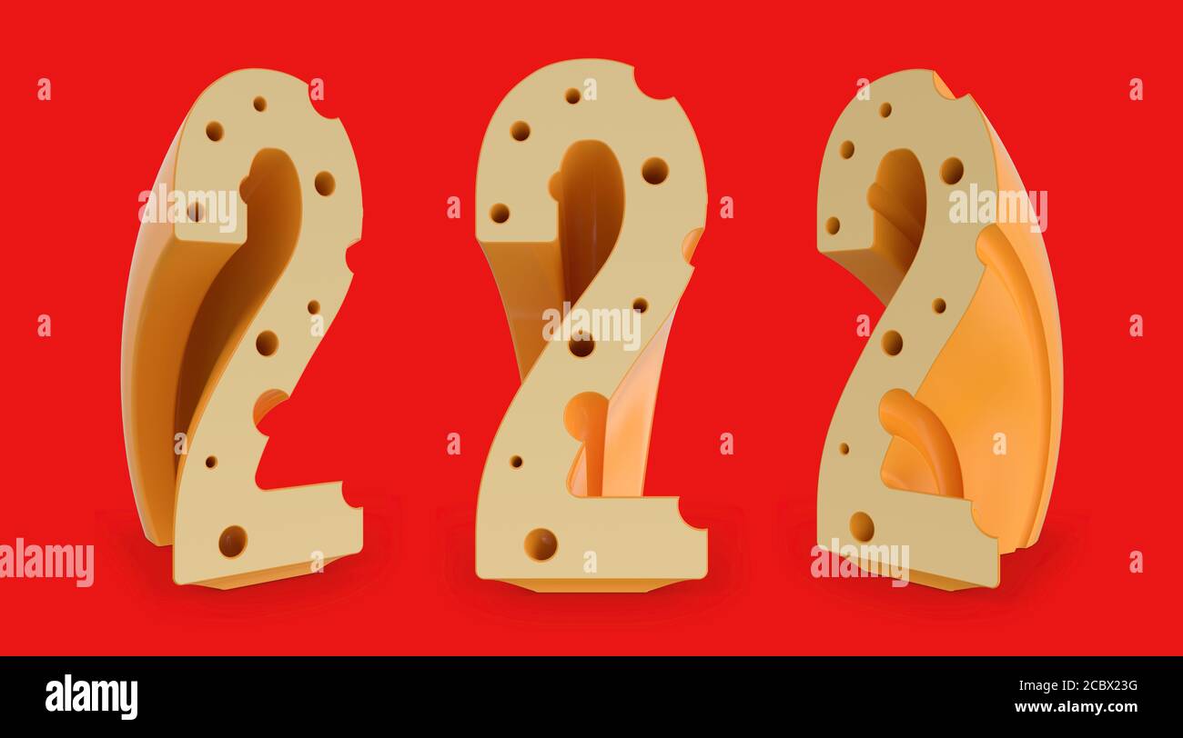 Number 2. Digital sign. Cheese alphabet and font. Set of three view ...