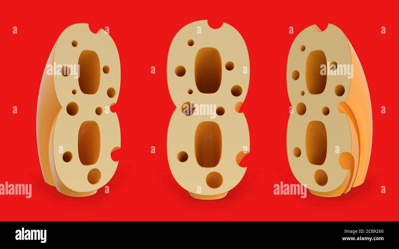 Number 8. Digital sign. Cheese alphabet and font. Set of three view ...