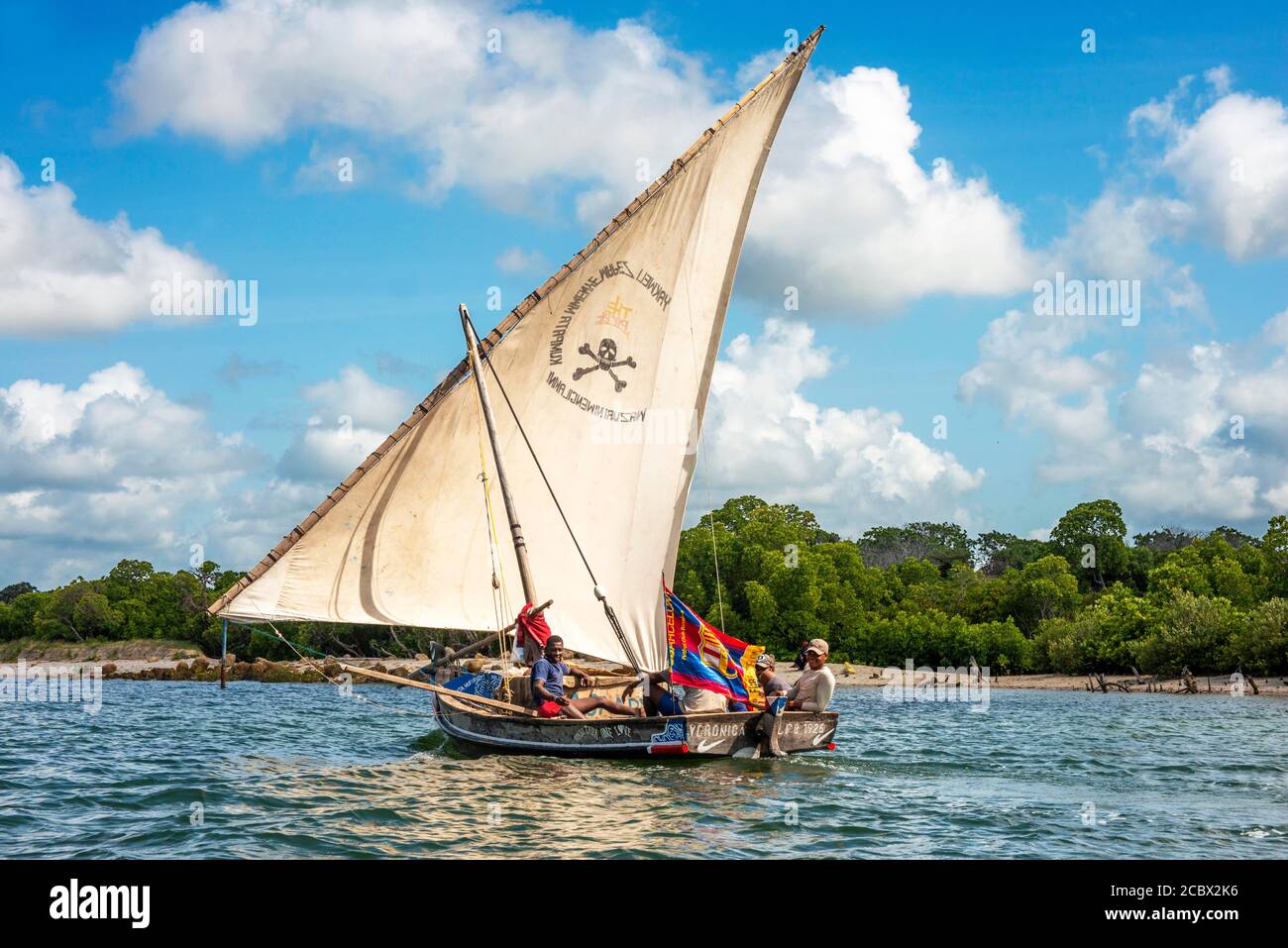 Dhow sailing through Makanda Channel, Lamu archipelago, Kenya. Red ...