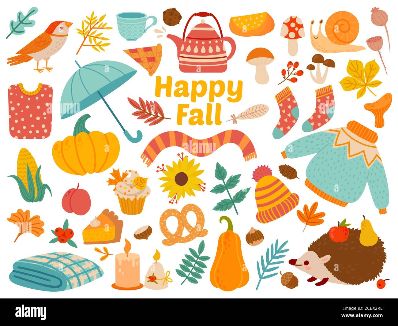 Autumn set. Cartoon yellow plants, food and forest animals, harvest ...