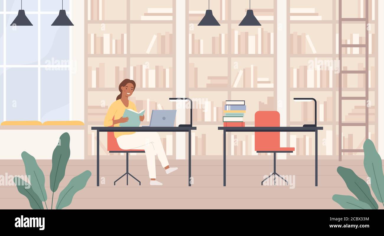 Woman in library. Young lady with book in public library reading room ...