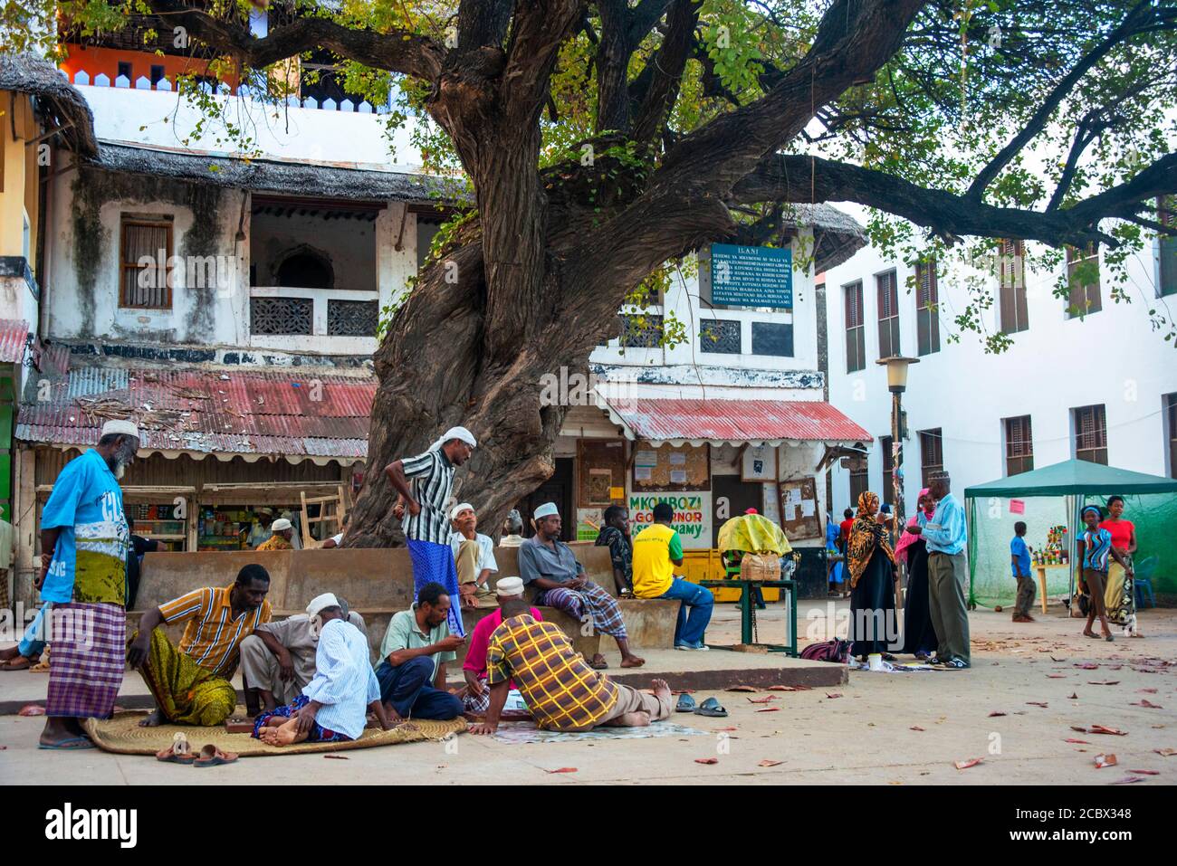 Kenya, Lamu Island. The open, shady square outside Lamu Fort Plaza ...