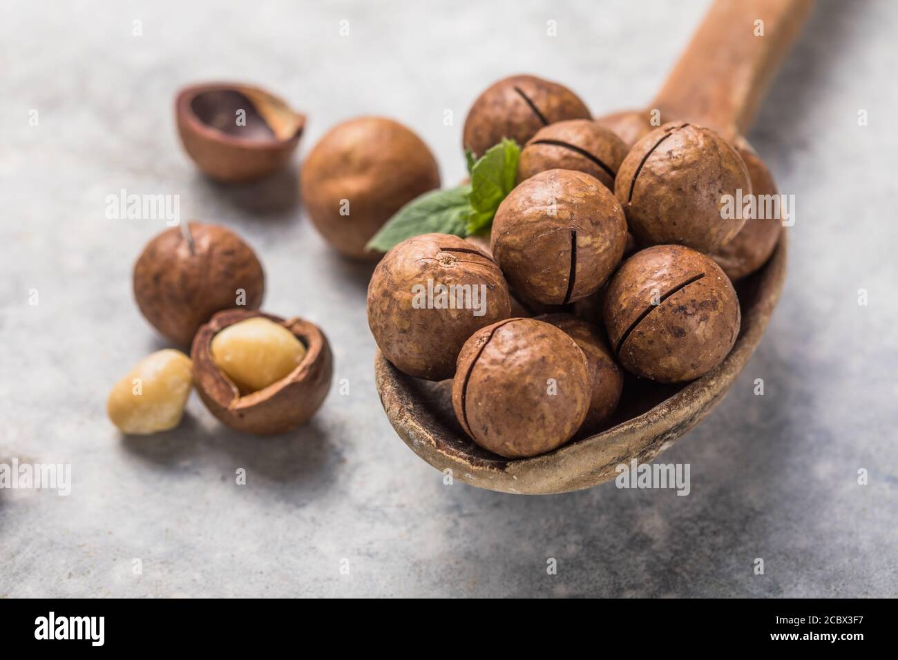 Pile macadamia nuts open kernels and shells in spoon on stone ...