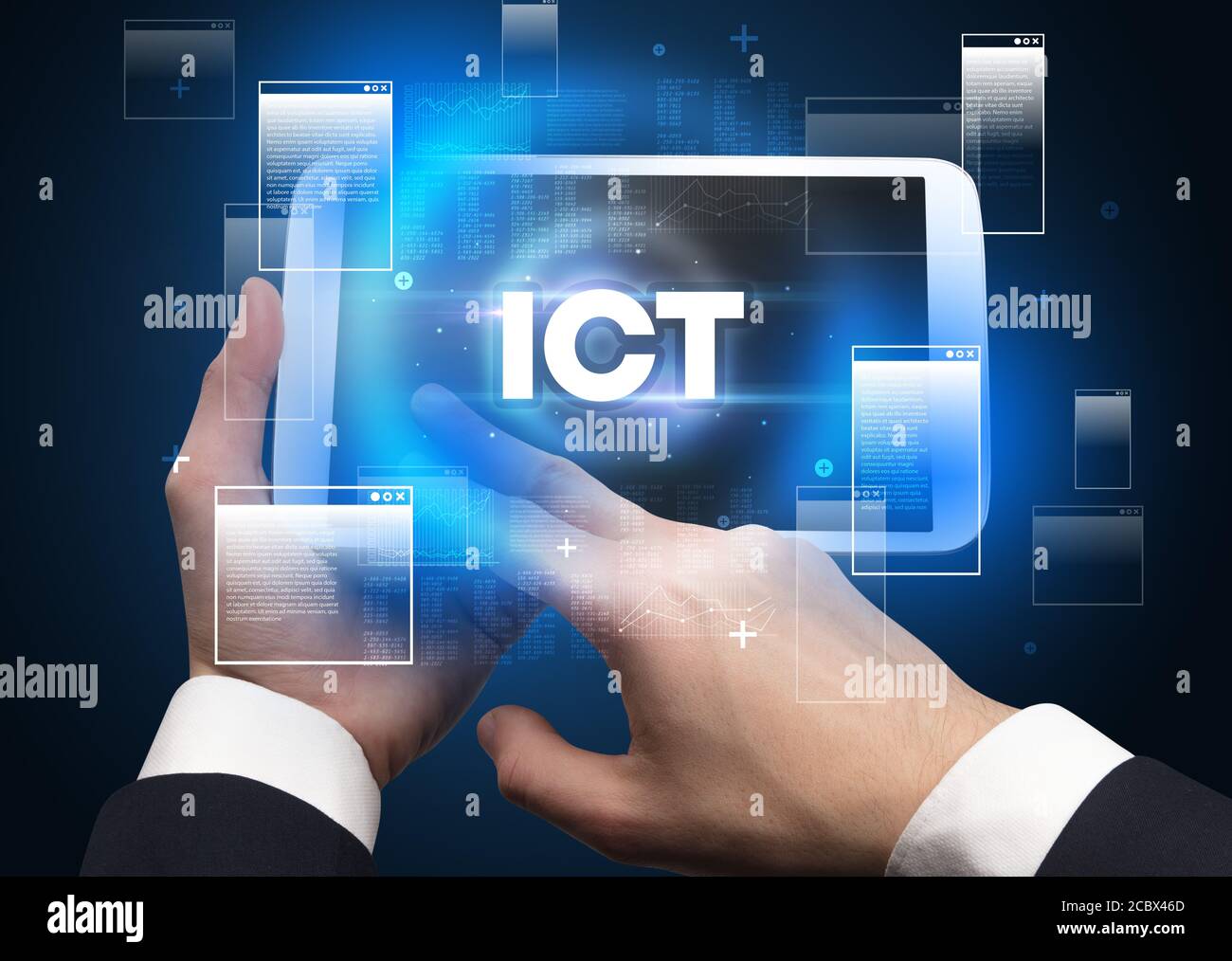 Close-up of a hand holding tablet with ICT abbreviation, modern ...