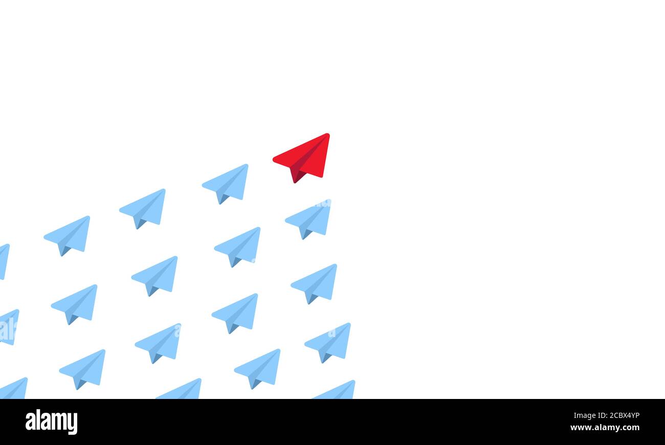 Red paper plane as a leader among blue airplanes. Teamwork concept. New ...