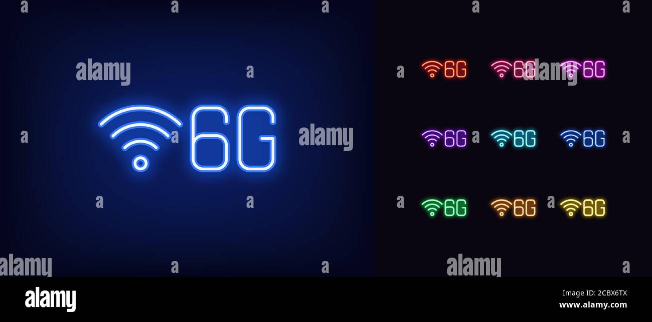 Neon 6G network icon. Neon 6g technology sign, high speed internet in vivid colors. Fast ...
