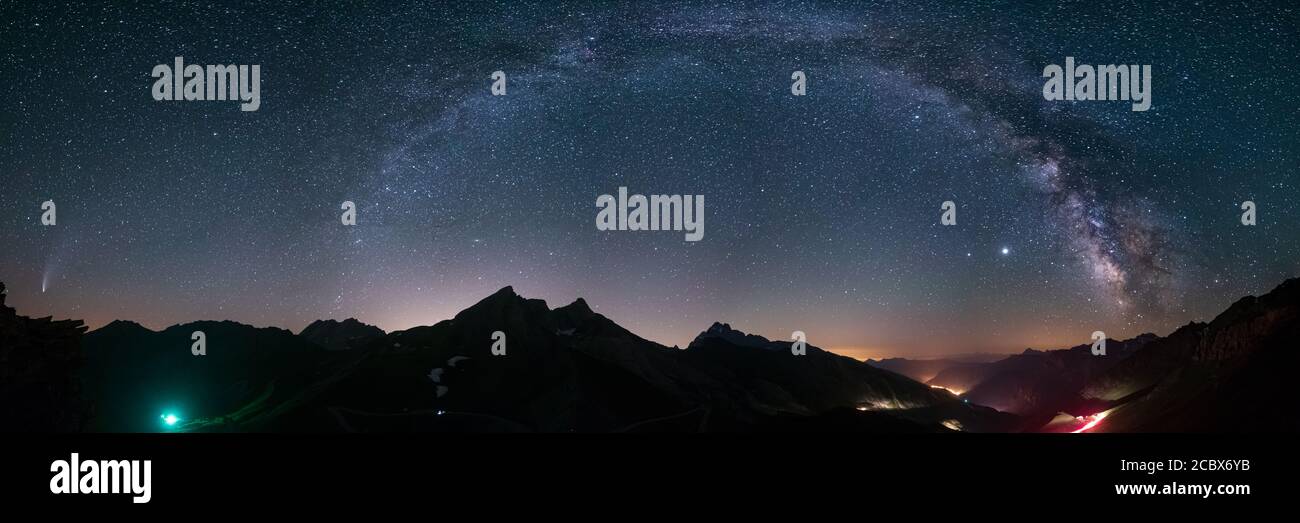 Milky Way arc and stars in night sky over the Alps. Outstanding Comet ...