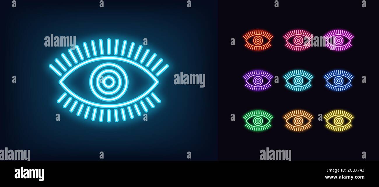 Neon magic eye icon. Glowing neon eye sign with circle iris, spiritual ...