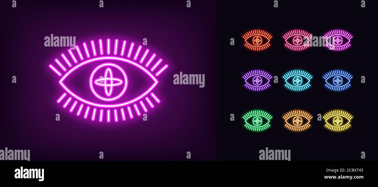 Neon magic eye icon. Glowing neon eye sign with galaxy iris, spiritual ...