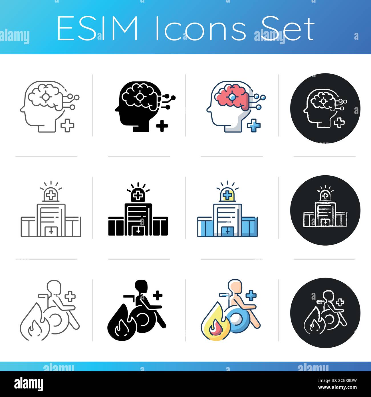 Urgent health care icons set. Neurological science and surgery. Walk in ...