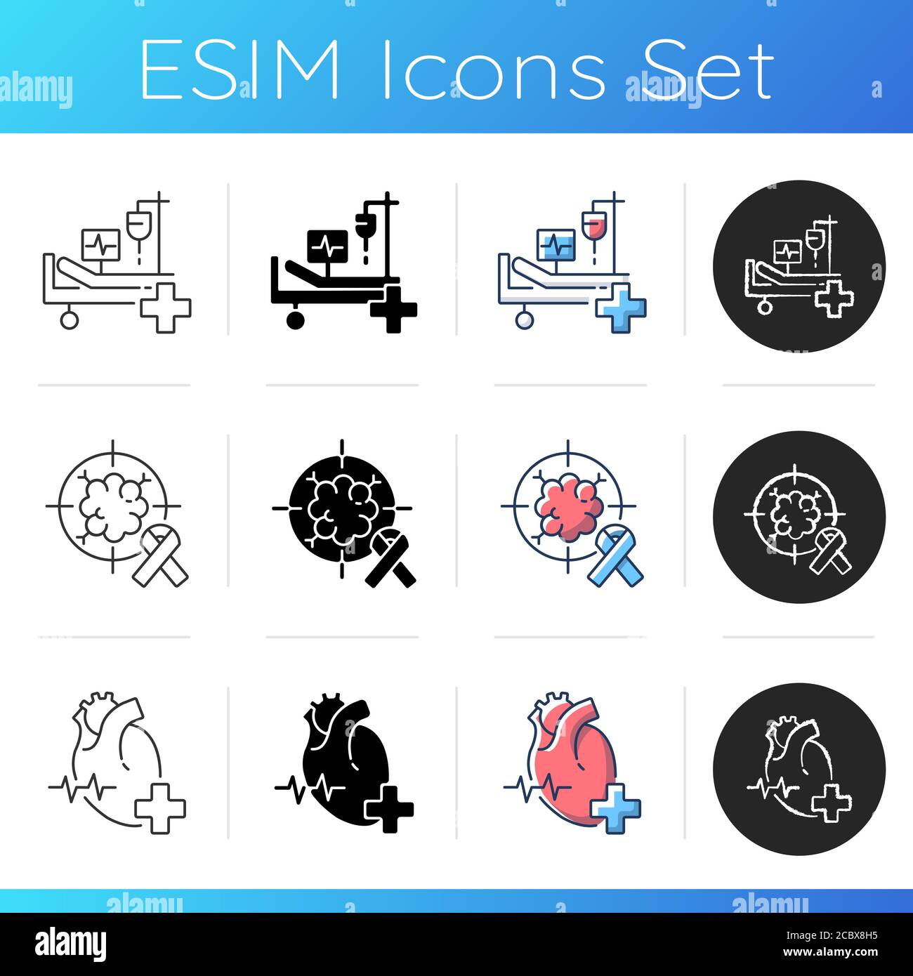Healthcare services icons set. Intensive care. ICU. Cancer treatment ...