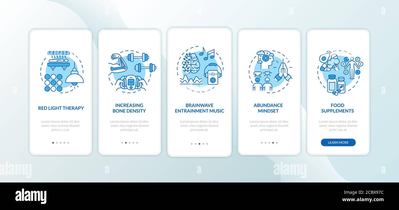Biohacking techniques onboarding mobile app page screen with concepts. Physical and mental ...