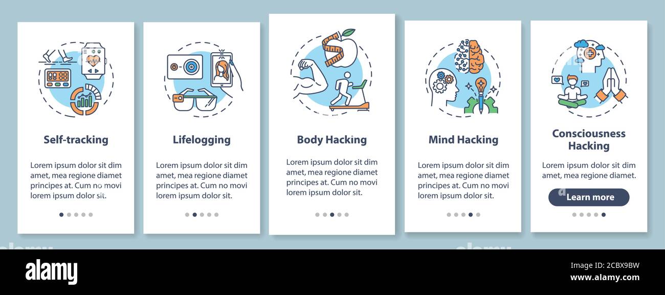 Biohacking elements onboarding mobile app page screen with concepts. DIY biology and body ...