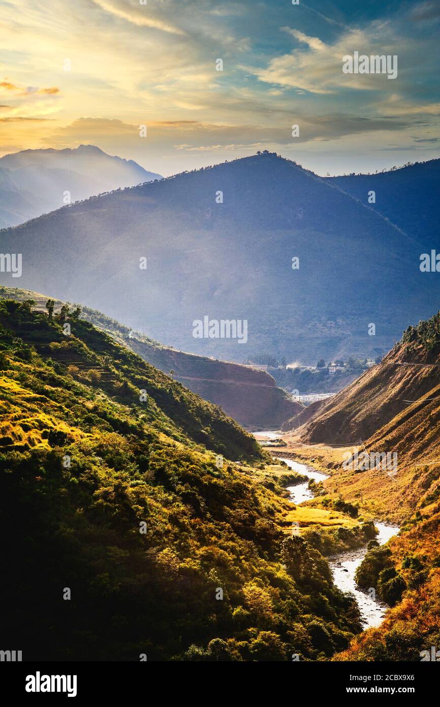 The Himalayan foothills of Bhutan outside the city of Thimphu Stock ...