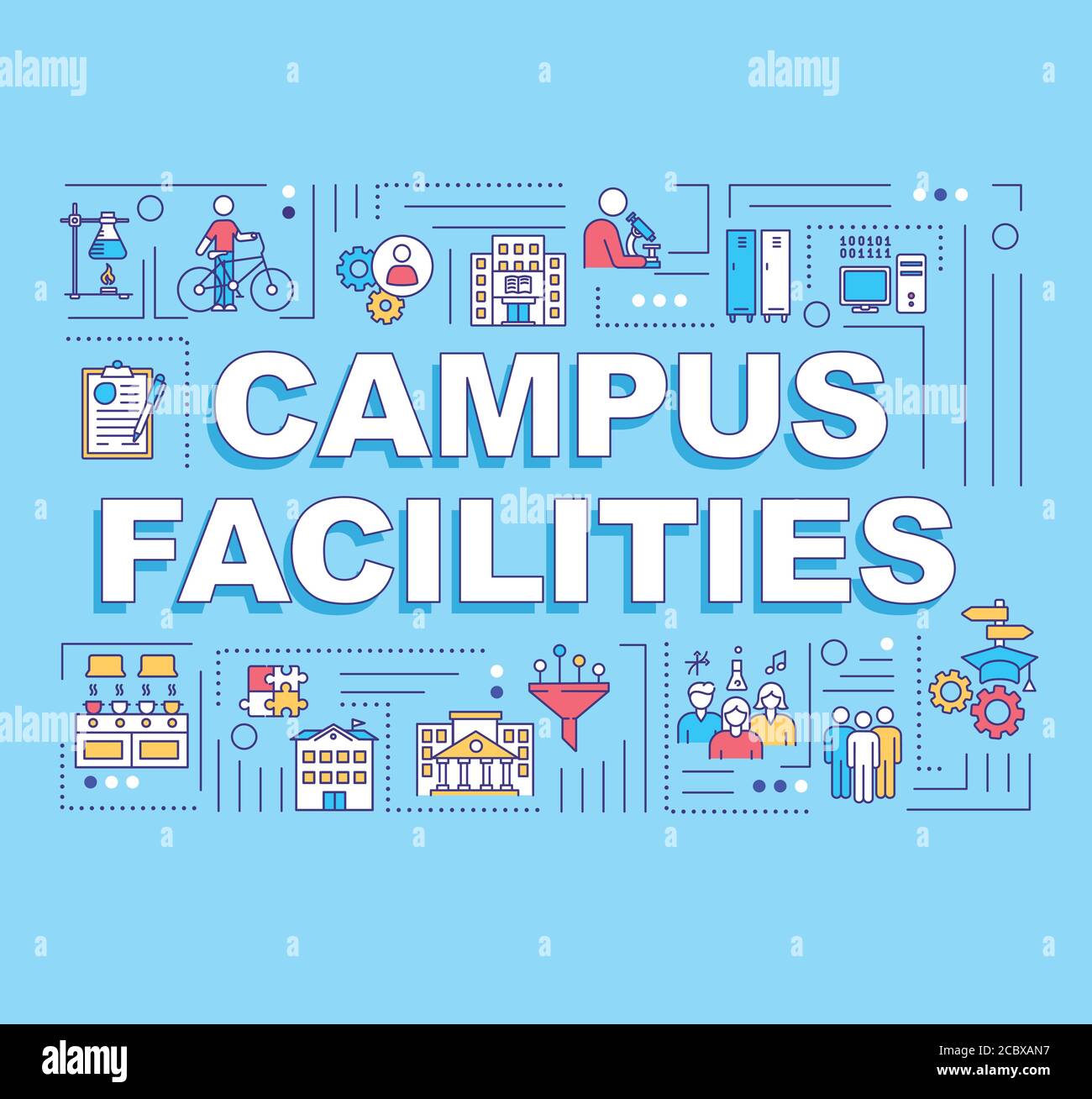 Campus facilities word concepts banner. University infrastructure ...