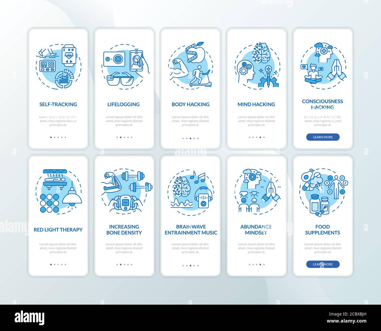 DIY biology onboarding mobile app page screen with concepts set. Body hacking methods ...