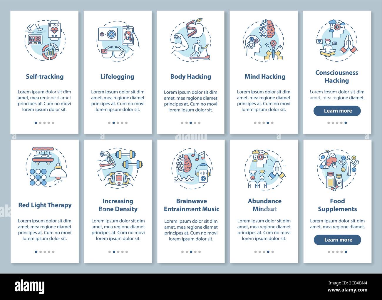 DIY biology onboarding mobile app page screen with concepts set. Biohacking elements and ...