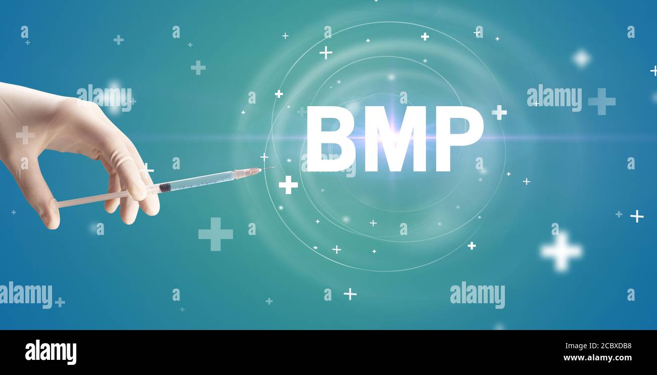 Syringe needle with virus vaccine and BMP abbreviation, antidote ...