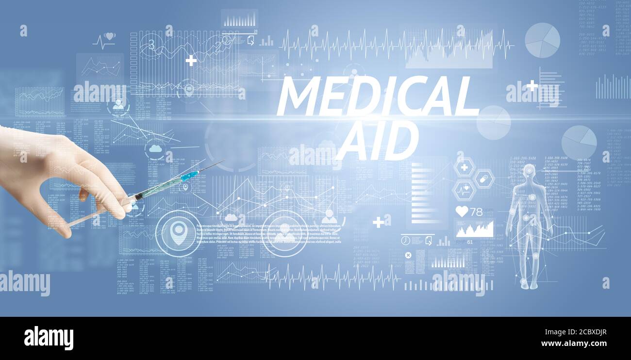 Syringe needle with virus vaccine and MEDICAL AID inscription, antidote concept Stock Photo - Alamy