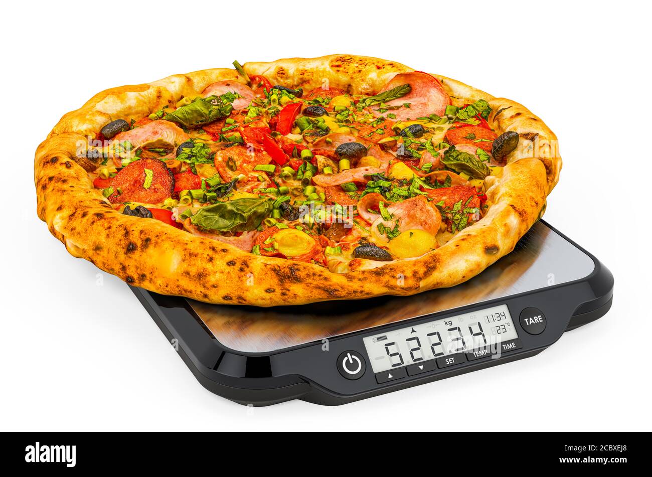 Kitchen Scales with Pizza. 3D rendering isolated on white background ...