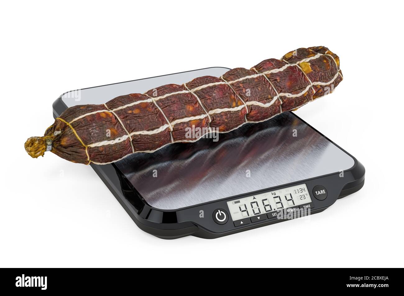 Kitchen Scales with Dry Sausage. 3D rendering isolated on white ...