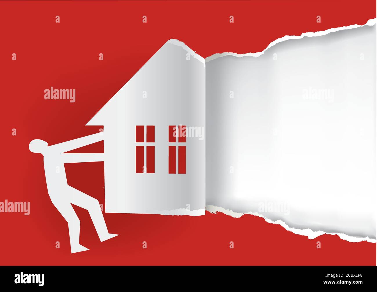 Real estate for sale background template. Man ripped red paper with ...