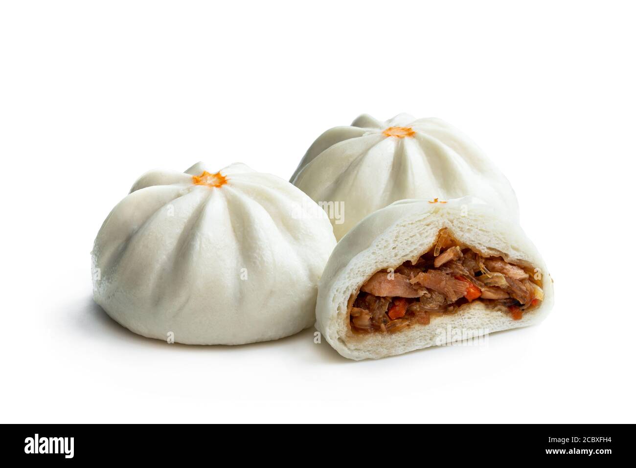 Steamed bao buns with delicious filling isolated on white Stock Photo ...