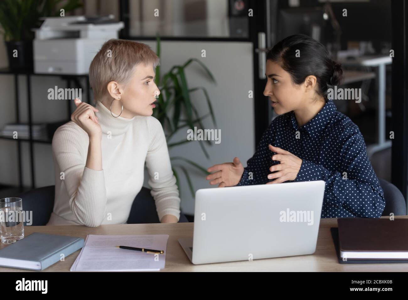 Busy two young diverse colleagues involved in project discussion Stock ...