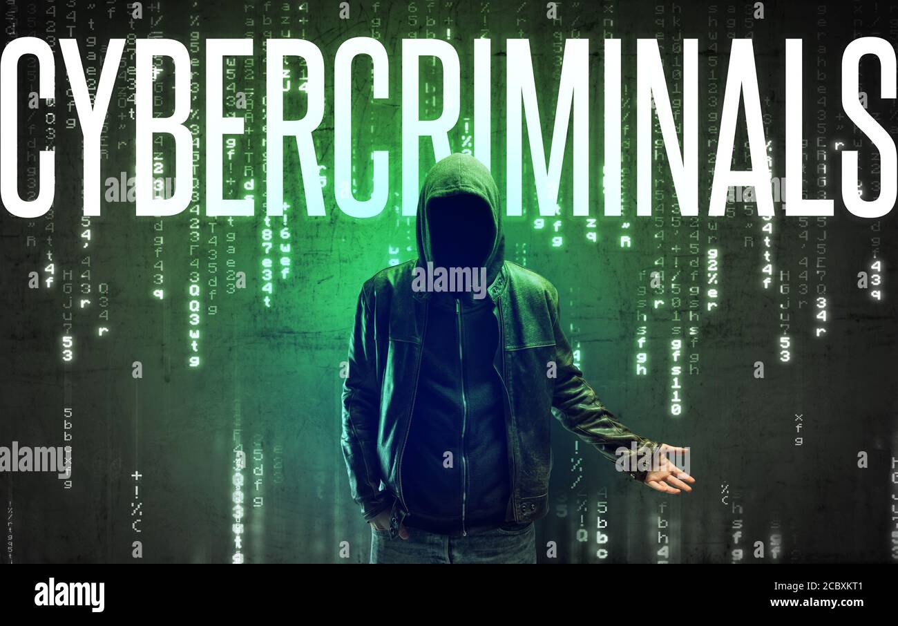 Faceless hacker with CYBERCRIMINALS inscription, hacking concept Stock ...