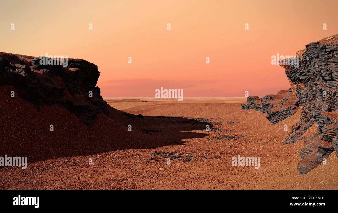 Martian landscape with ancient river bed, river mouth into Jezero ...