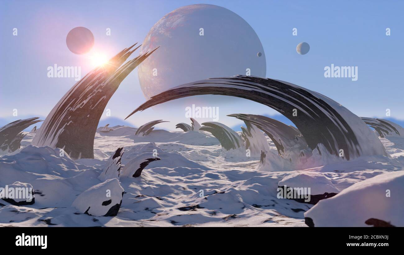alien planet landscape, beautiful frozen surface on another world Stock ...