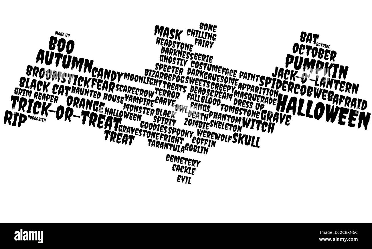 Text cloud, word cloud in the shape of a vampire bat, wings spread ...