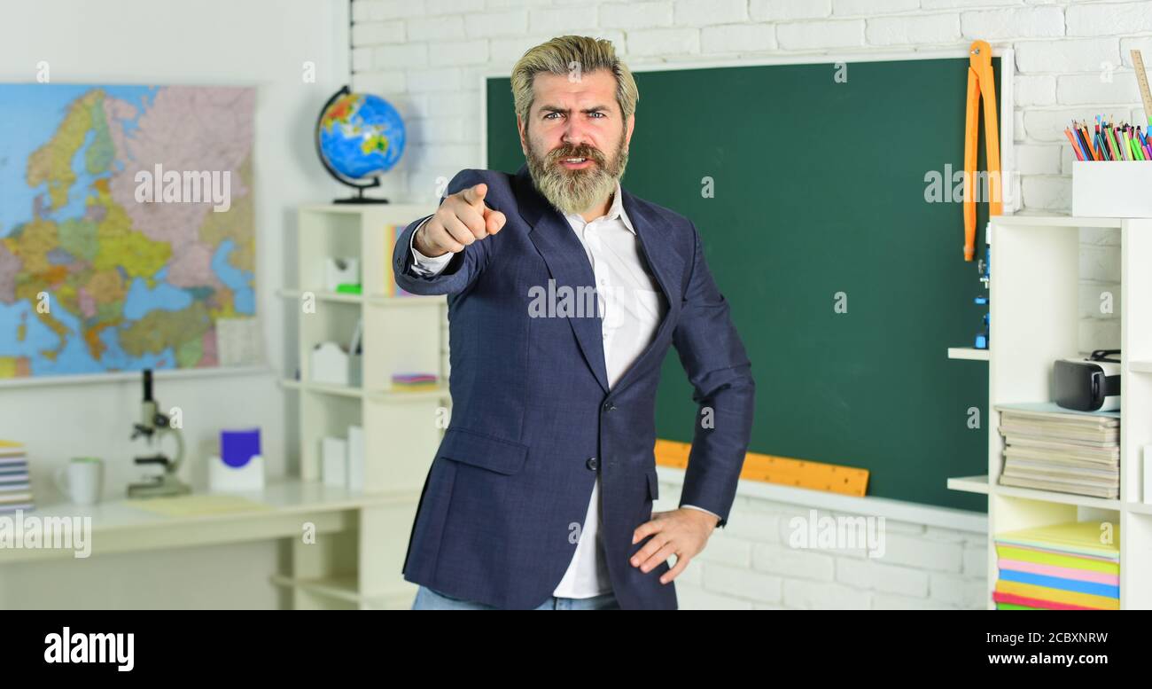 Inspiration and forcing. Back to school. Emotional bearded man in ...