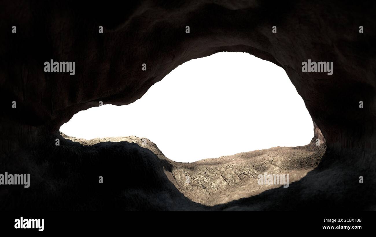 cave opening, mysterious den entrance in bright light isolated on white ...