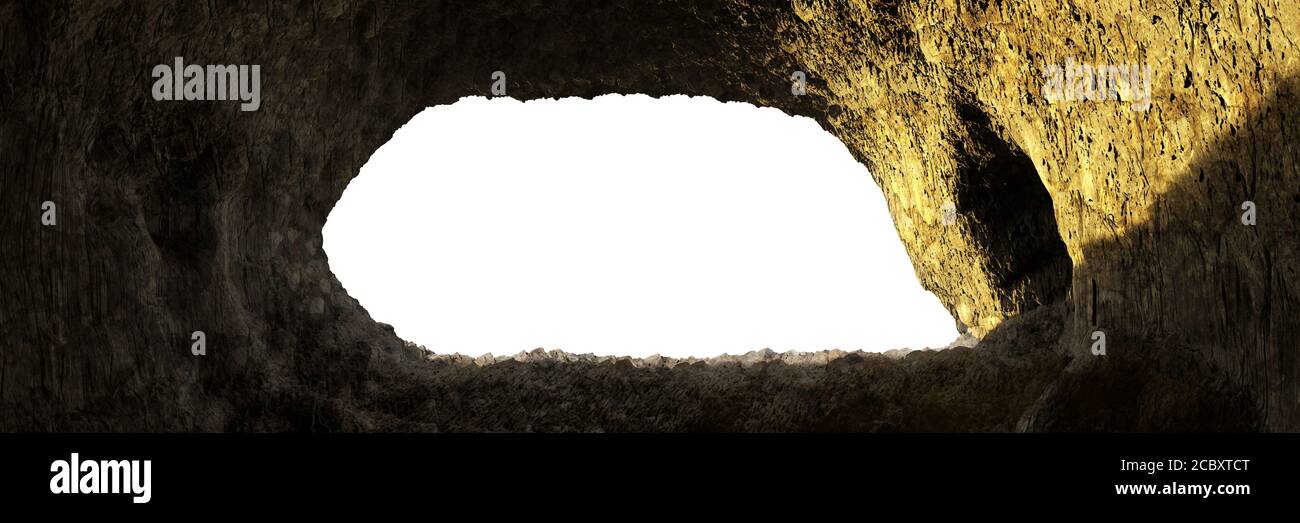 cave opening, mysterious den entrance in bright light isolated on white ...