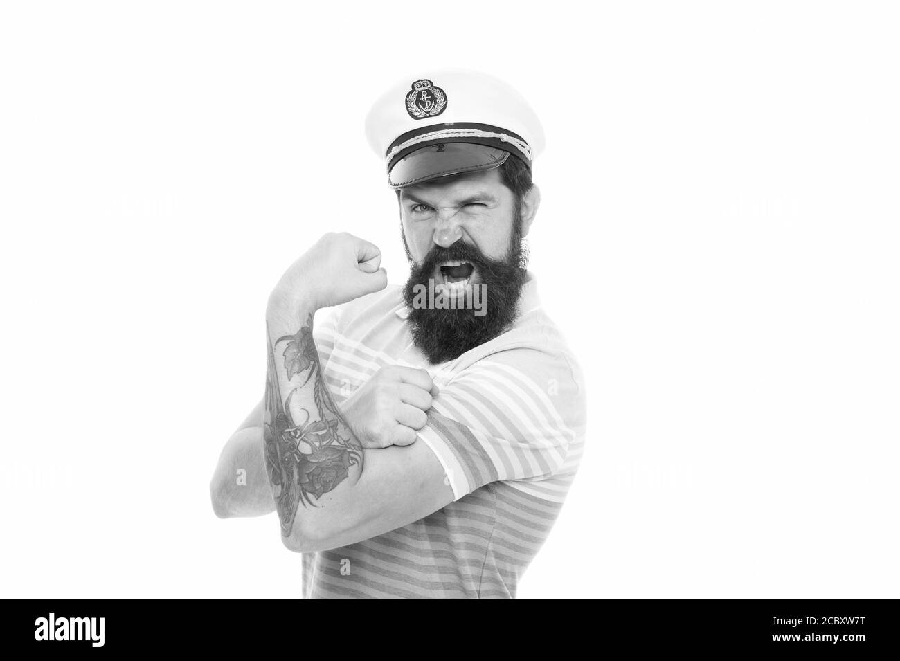 Strong muscles. Sailor spirit. Bearded sailor isolated on white. Sailor ...
