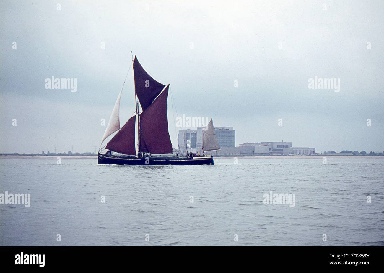 A spritsail rigged Thames sailing barge competing in the Thames Sailing ...