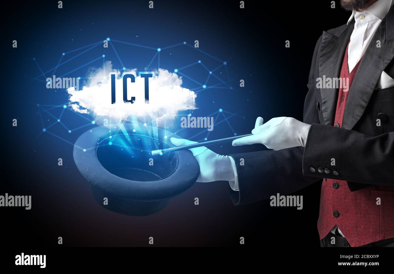 Magician is showing magic trick with ICT abbreviation, modern tech ...